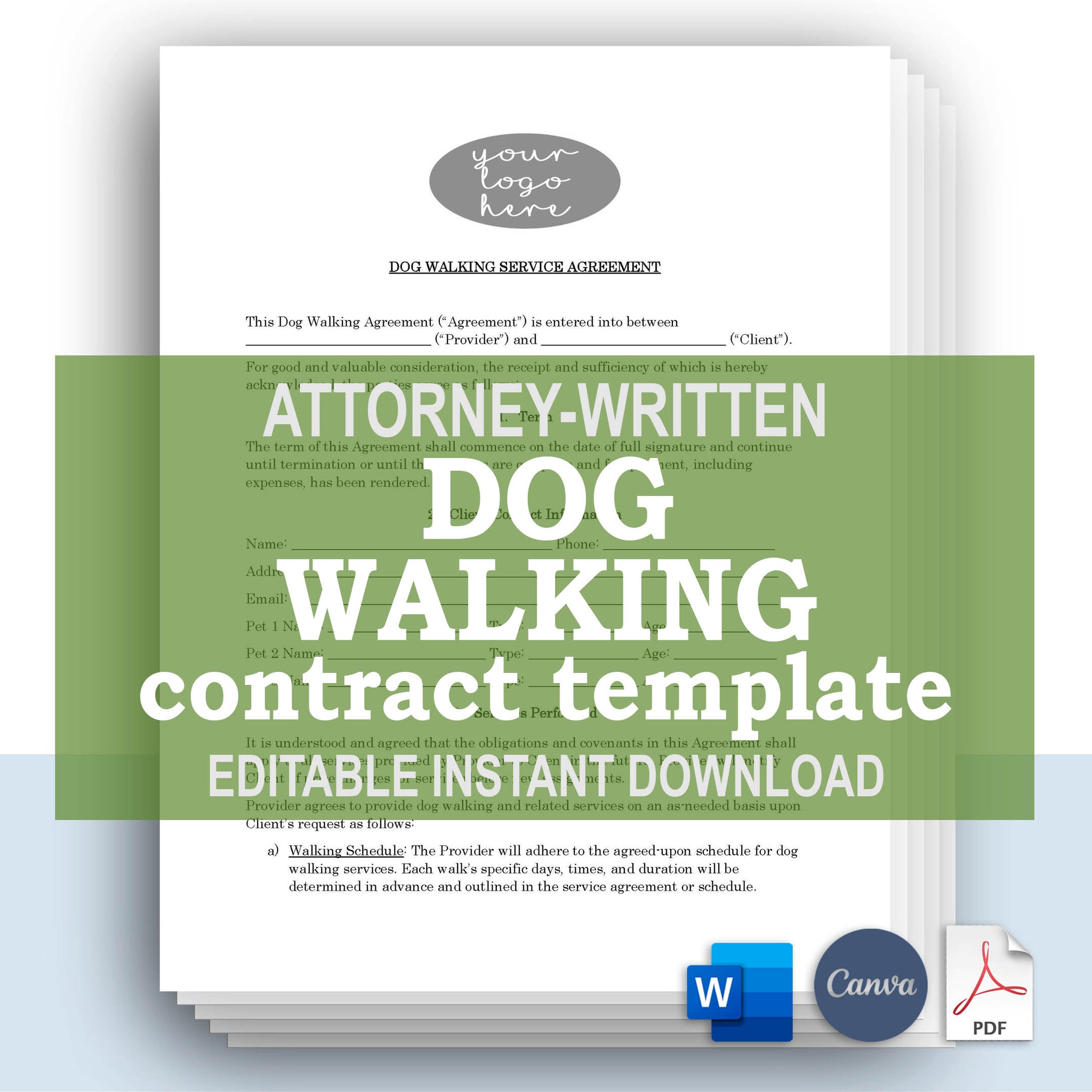 Dog Walking Contract Template, Attorney-Written Editable Instant Downl ...