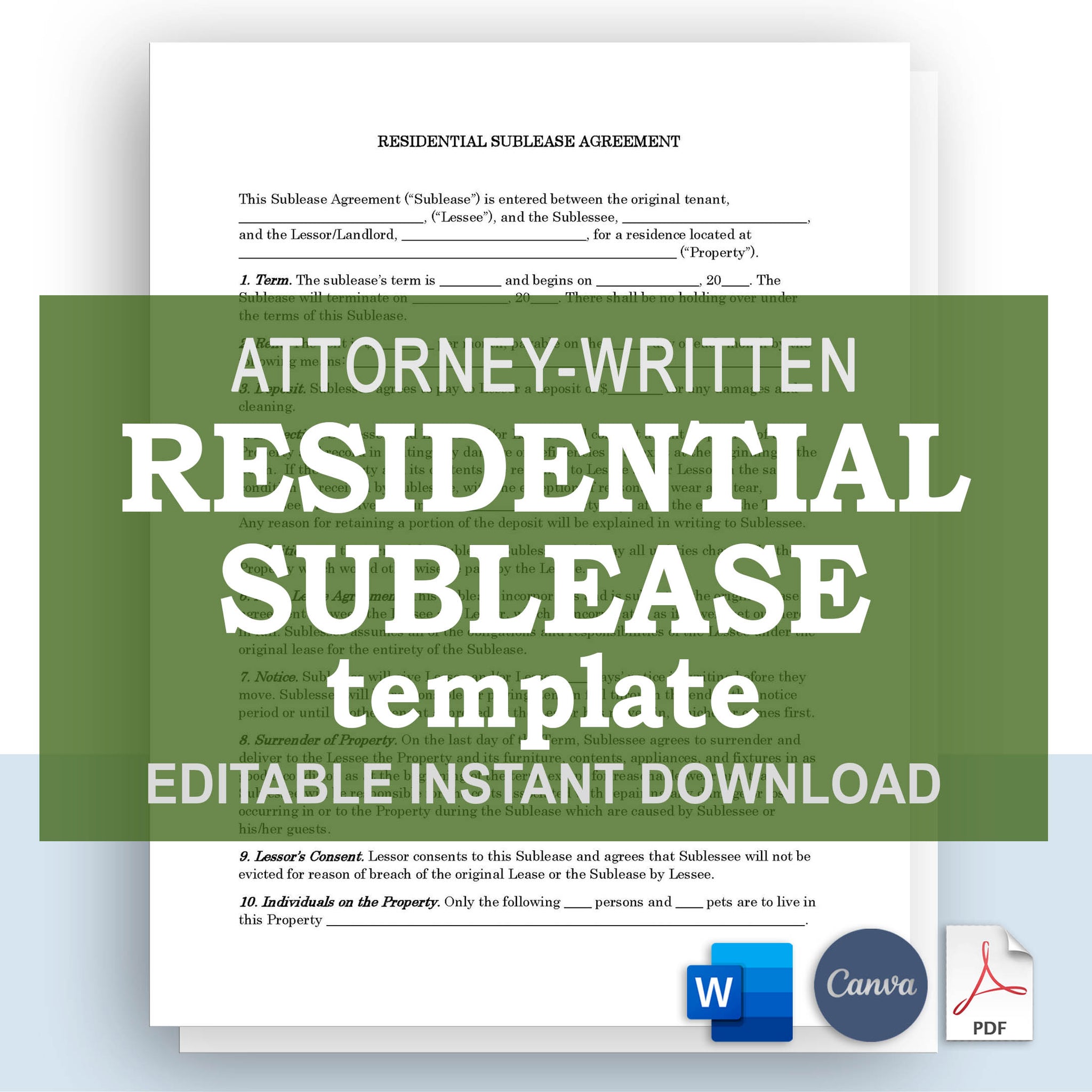 Sublease Agreement Template, Attorney-Written Editable Instant Downloa ...